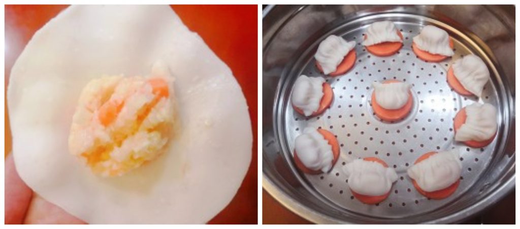 5. Use carrot slices as a mat and put the Har Gow in the steamer. Heat ...